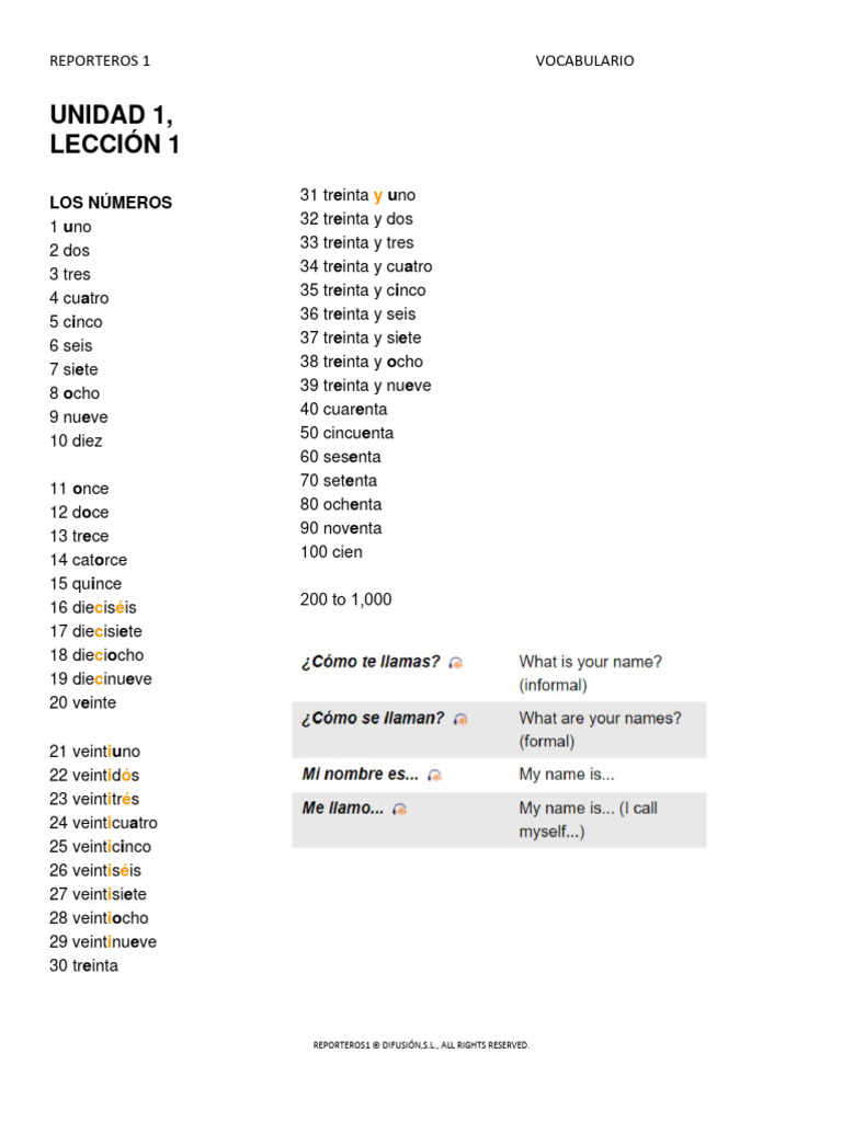 Reporteros 1.1 Vocabulary | PDF