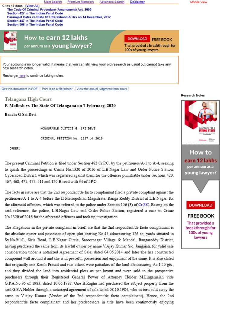 P. Mallesh Vs The State of Telangana On 7 February, 2020 | PDF | Complaint | Crimes