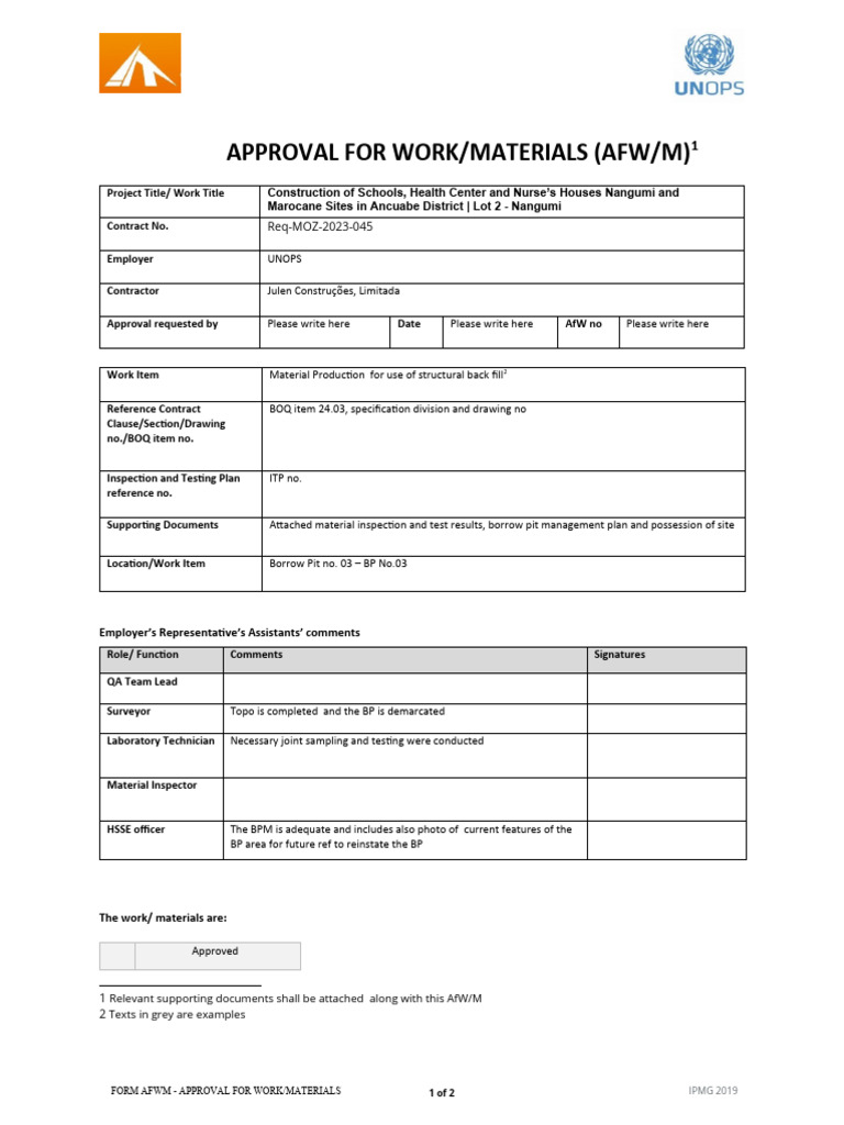FORM AFWM - Approval For Work - Materials | PDF | Technology & Engineering