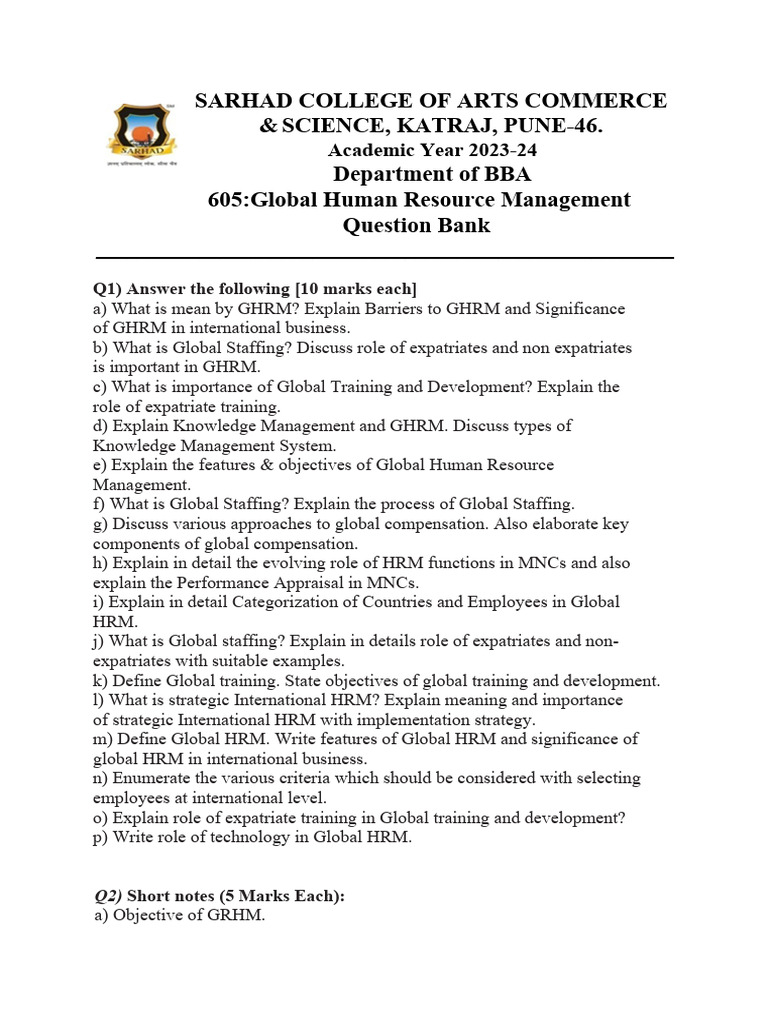 TYBBA Global Human Resource Management Question Bank 2024 | PDF | Human ...