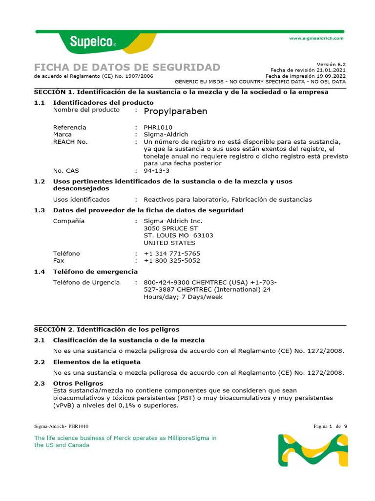Propilparabeno USP Grado XRM. SDS (Supelco-Merck) | PDF | Agua | Residuos