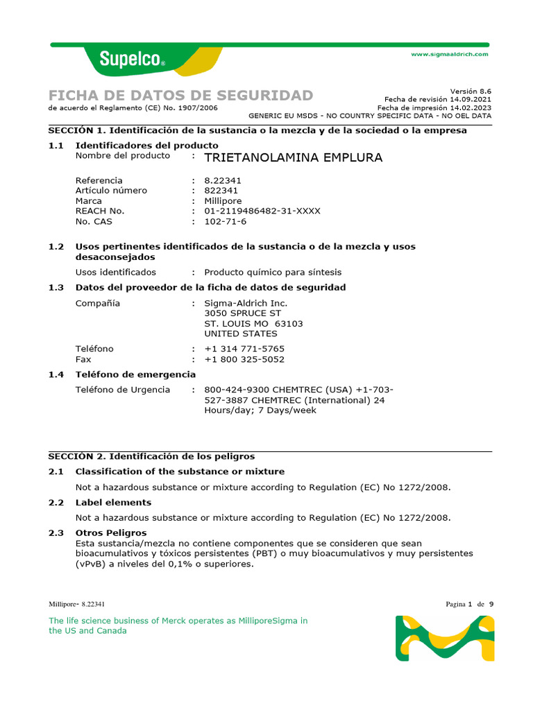 CoAs... Trietanolamina Grado XRM. SDS (Supelco-Merck) | Descargar ...
