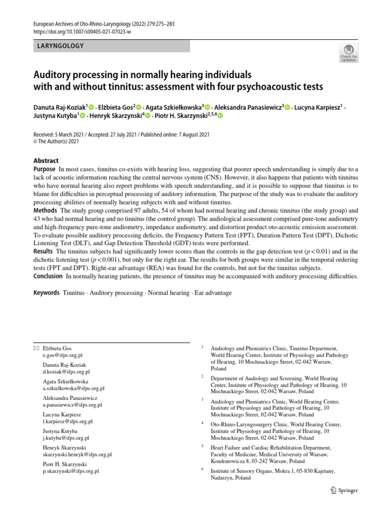Auditory Processing in Tinnitus Patients | PDF | Tinnitus | Hearing