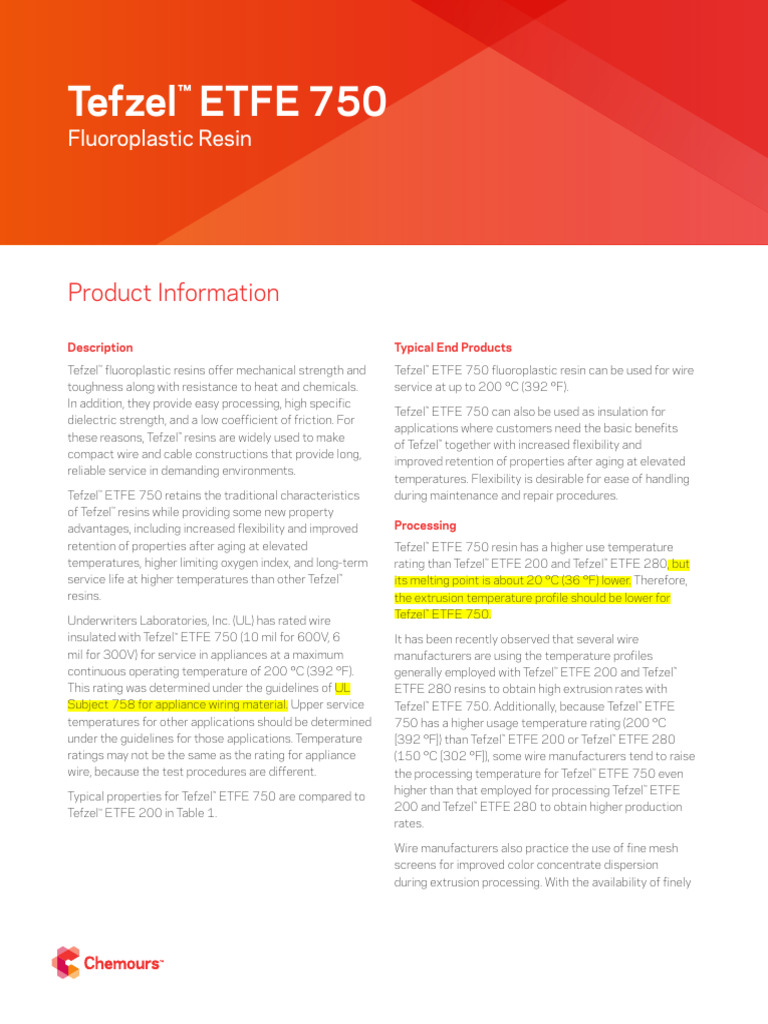 Tefzel 750 Gas Igniter Product Info | PDF | Extrusion | Wire