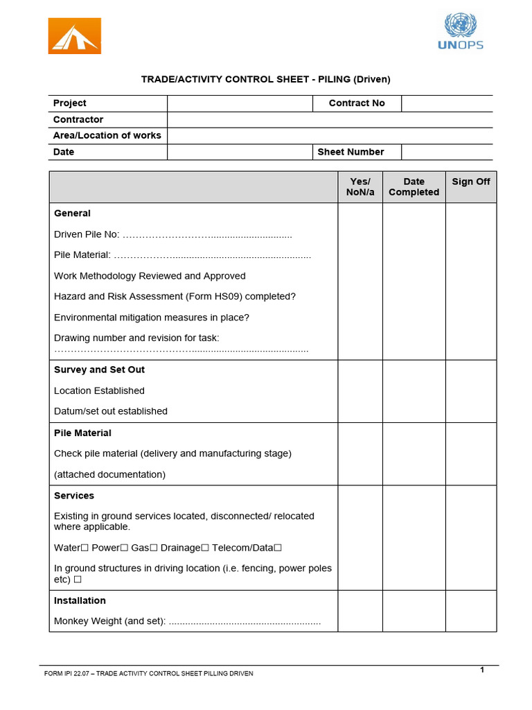 Form IPI 22.07 Trade Activity Control Sheet Piling Driven | PDF | Deep Foundation