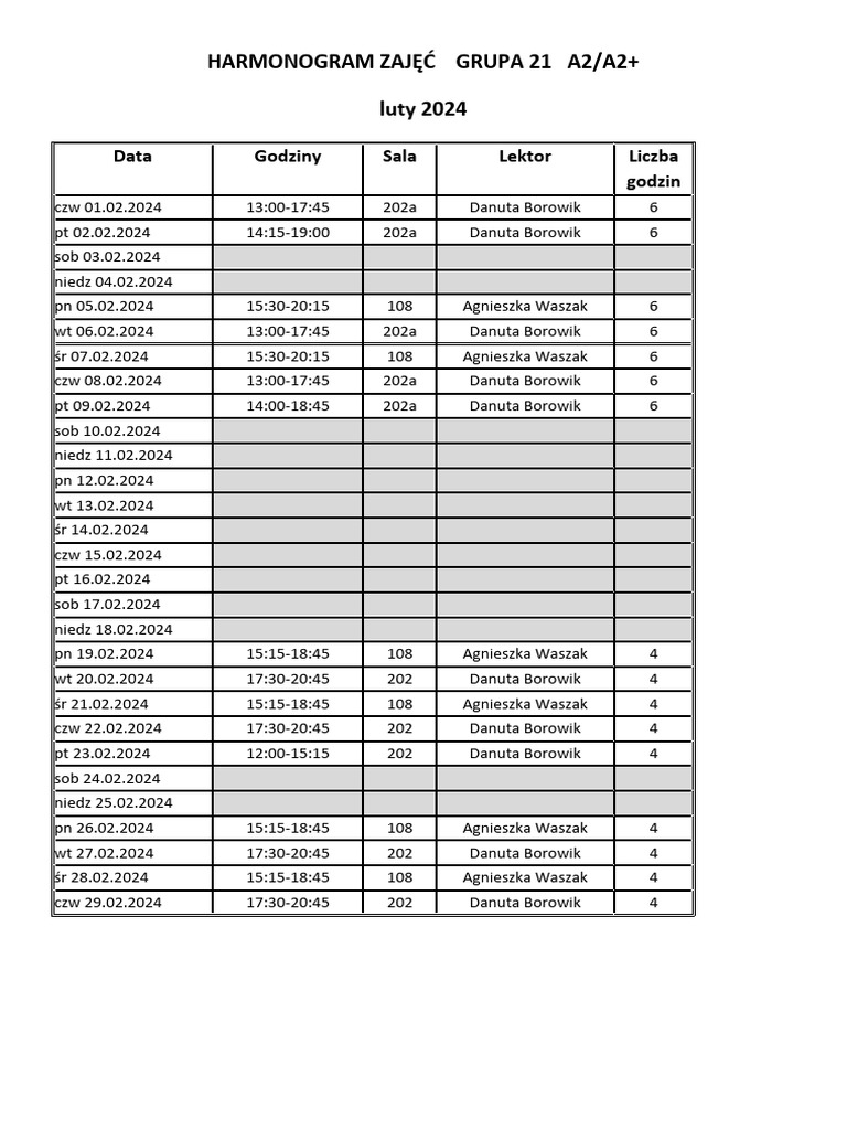 Harmonogram Zaj?? Grupa 21 A2-A2+ 02.2024 2 | PDF