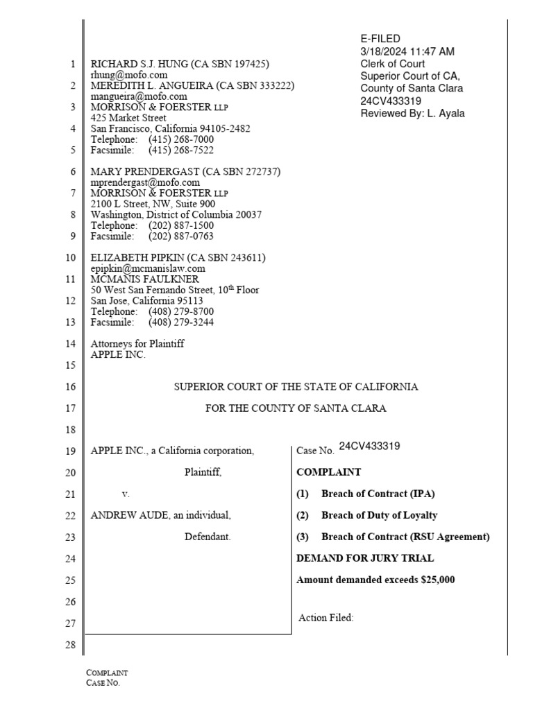 Apple, Inc. v. Andrew Aude | PDF | Trade Secret | Apple Inc.