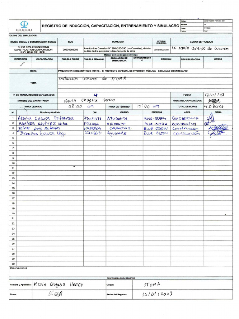 Registro de Induccion, Capacitacion, Entrenamiento y Simulacro 16-01-2023 | PDF