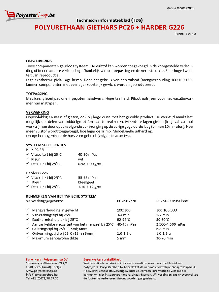 Technisch Informatieblad (TDS) Polyurethaan Giethars PC26 +harder G226 ...