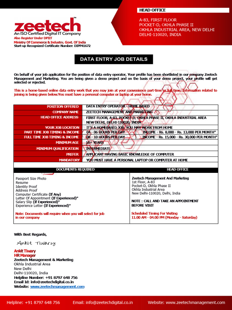 Zeetech Data Entry Operator Offer | PDF | Websites | Information Technology