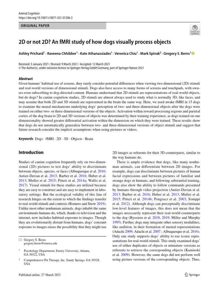 2D or Not 2D An FMRI Study of How Dogs Visually Process Objects | PDF ...