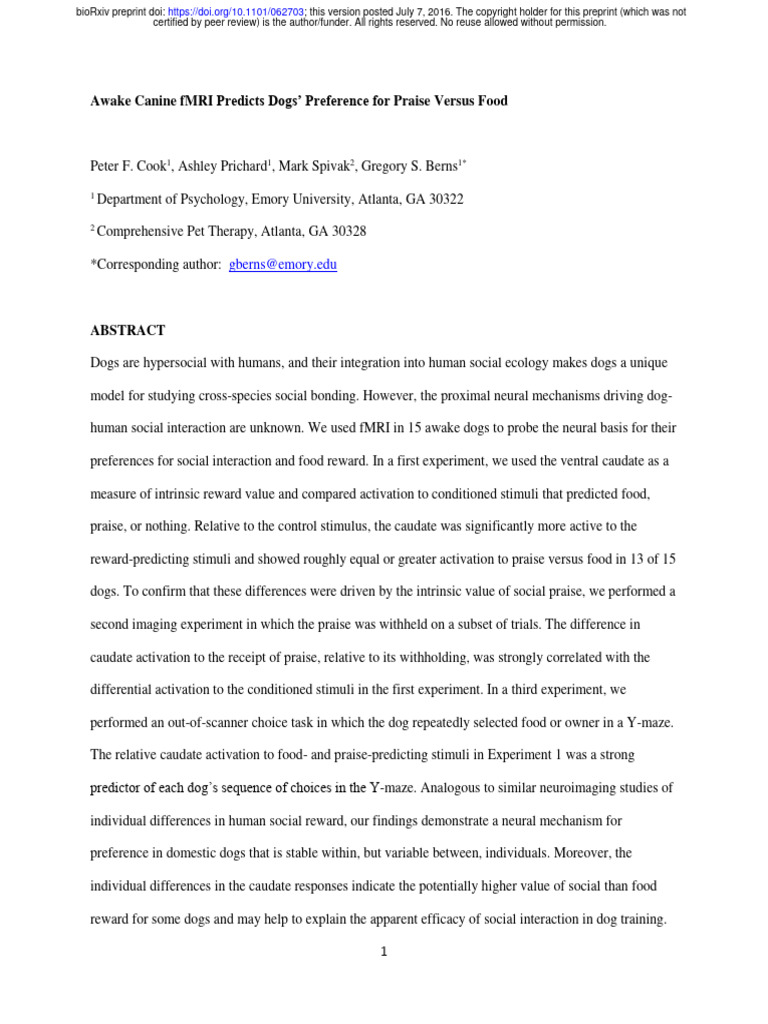 Awake Canine fMRI Predicts Dogs' Preference For Praise Versus Food ...