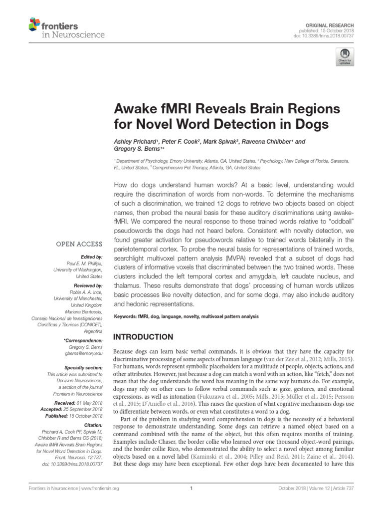 Awake fMRI Reveals Brain Regions For Novel Word Detection in Dogs | Download Free PDF ...
