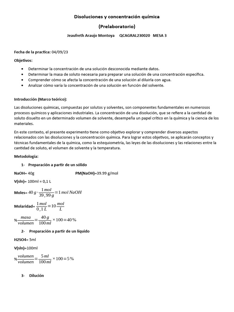 Disoluciones y Concentración Química Preinforme | PDF | Concentración | Mole (Unidad)