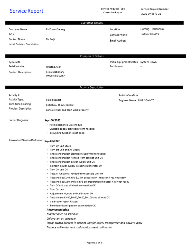 Service Report Perbaikan X-Ray Stationary Rumah Sakit Kurnia Serang ...