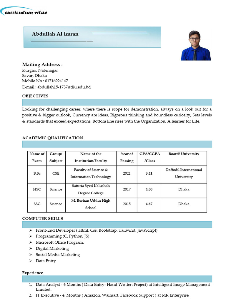 Abdullah Al Imran-Job Resume | PDF | Computing