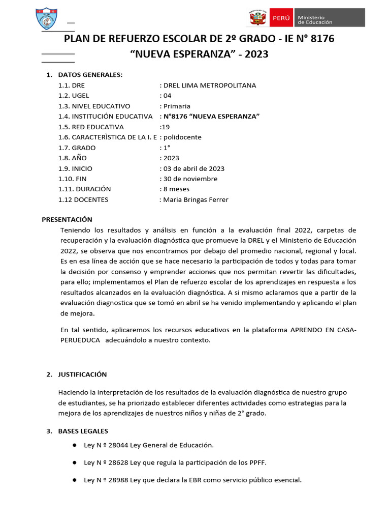 Plan de Refuerzo Escolar 2 Grado María | PDF | Números | Evaluación