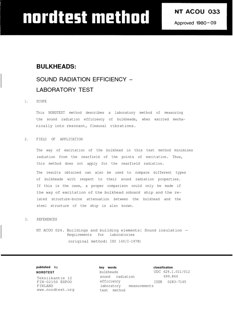 NT Acou 033 - Bulkheads - Sound Radiation Efficiency - Laboratory Test ...