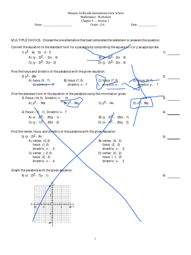 Parabola Worksheet for Grade 12A | PDF | Teaching Methods & Materials ...