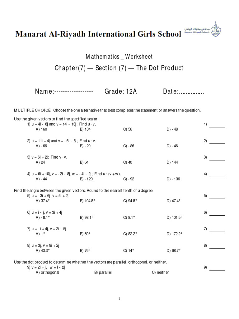 Dot Product Worksheet for Grade 12 | PDF | Applied Mathematics ...