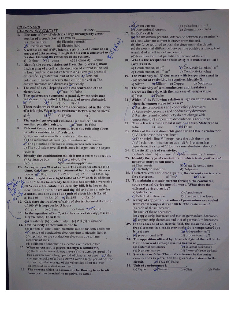 Physics Current Electricity Pdf