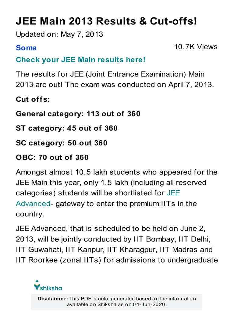 JEE Main 2013 Results & Cut-Offs! | PDF | Science Education | Higher Education