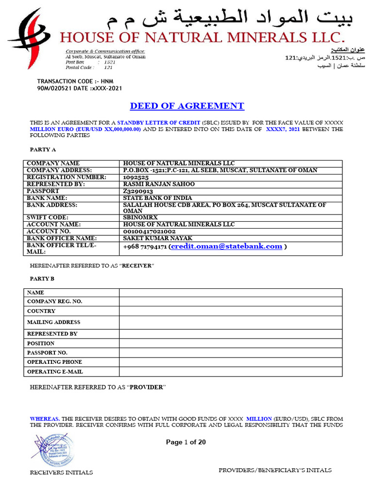 Hnm-Monetizing Agreement For SBLC - Draft | PDF | Letter Of Credit | Banks