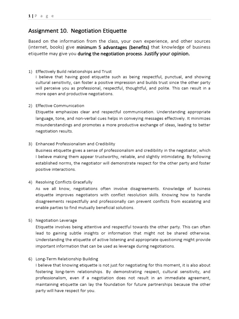 NT - 2023.12.20 - Assignment10 - Negotiation Etique | PDF | Negotiation | Communication