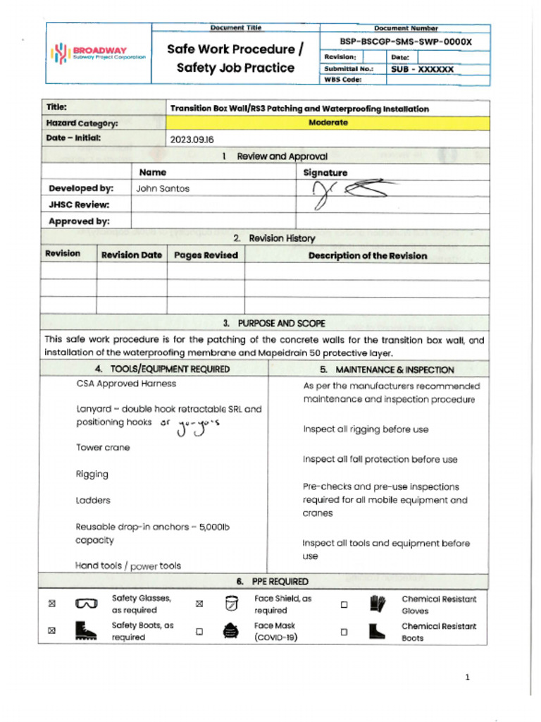 Safe Work Procedure - Transition Box RS3 Walls Patching and Waterproofing Signed | PDF