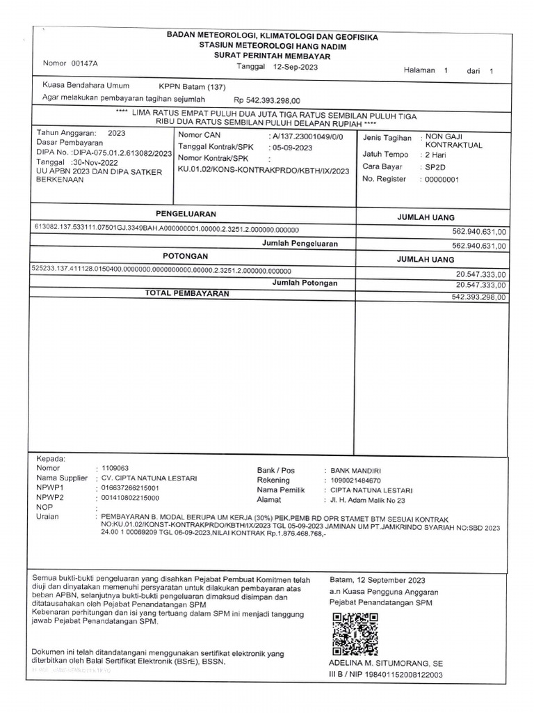 Potongan Pajak Pembayaran Uang Muka Dan Termin 1 Cv. Cipta Natuna ...