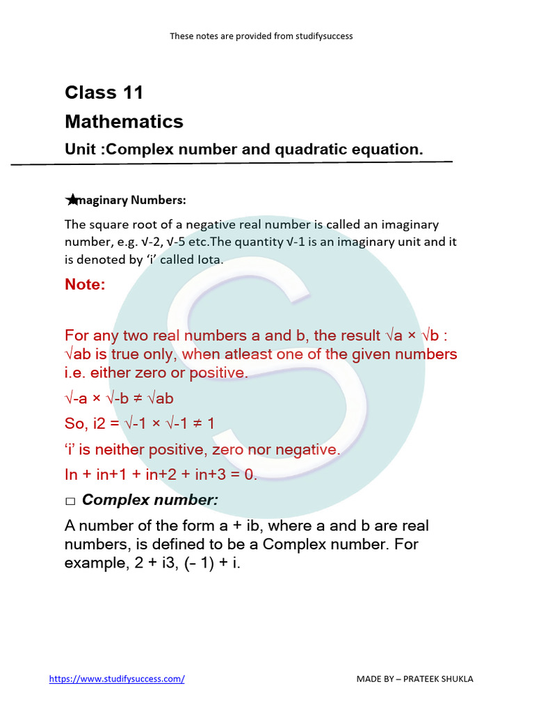 Class 11 Maths Ch-4 Notes | PDF | Complex Number | Numbers