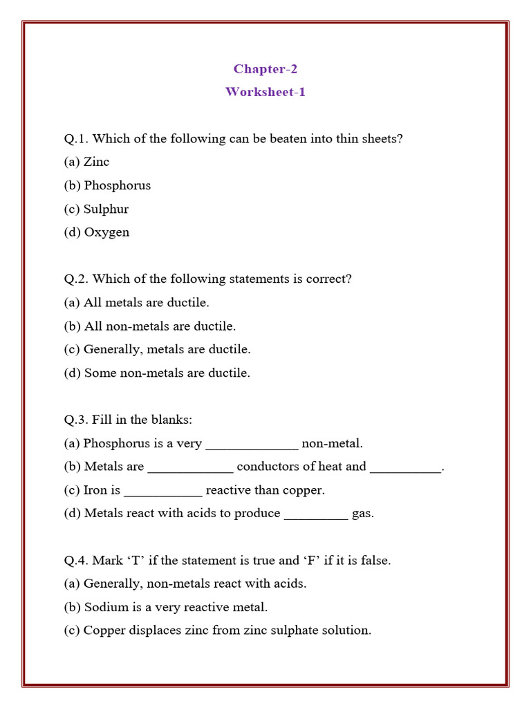 Chemistry Worksheet for Students | PDF | Metals | Oxide