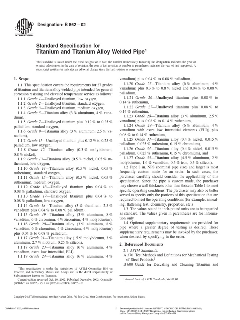 Astm B 862 - 02 Titanium Weld Pipe | PDF | Titanium | Alloy
