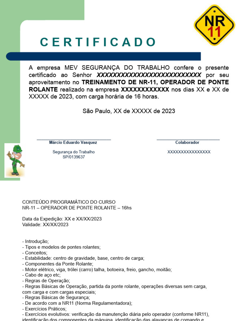 Certificado de Treinamentos NR 11 - Ponte Rolante - Modelo | PDF