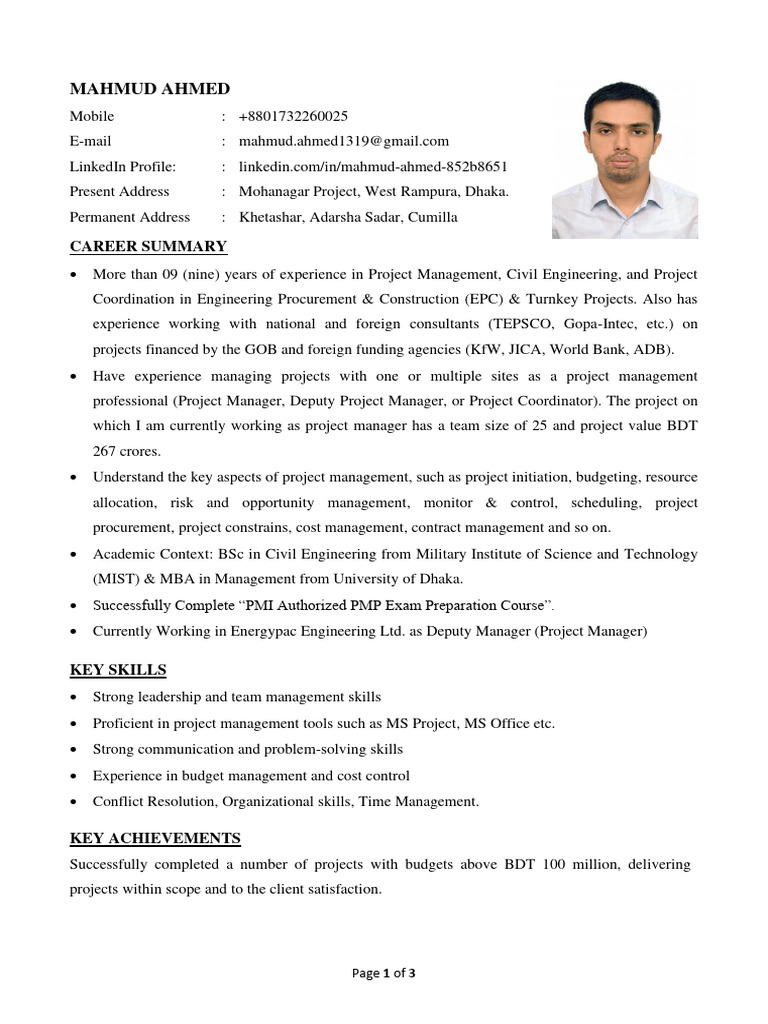 CV Mahmud Ahmed | PDF | Project Management | Safety