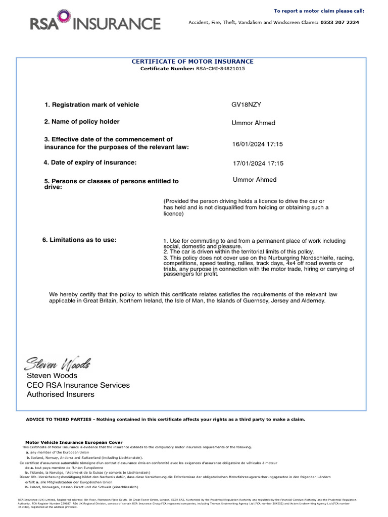 Motor Insurance Certificate EU Coverage | PDF | Vehicle Insurance ...