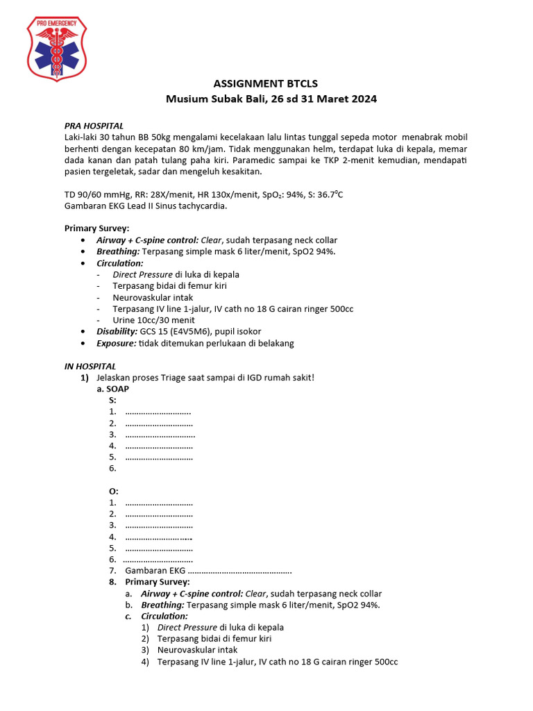 Tugas Mandiri Pelatihan BTCLS Musium Subak Bali 26 SD 31 Maret 2024 | PDF