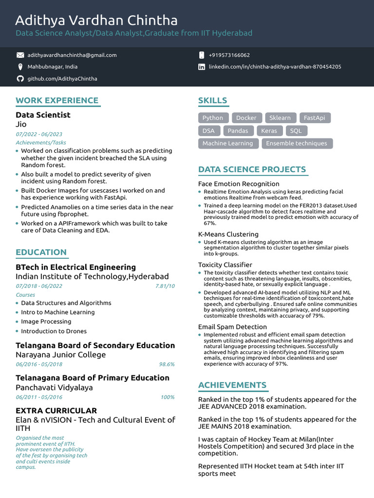 Adithya's Resume | Download Free PDF | Machine Learning | Cluster Analysis