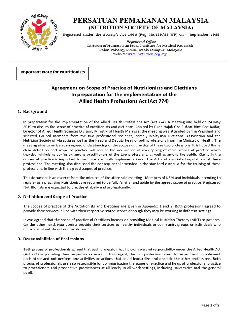 Agreement on scope of practice - AHP Act | PDF | Dietitian | Health Care