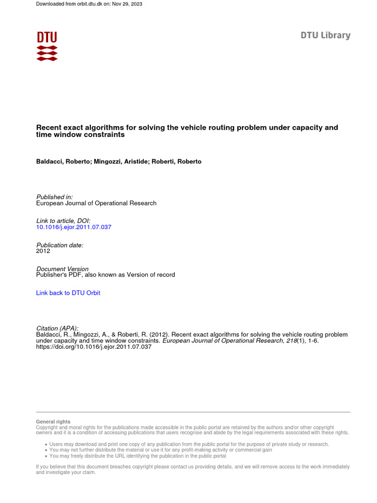 Recent Exact Algorithms For Solving The Vehicle Routing Problem Under Capacity and Time Window ...