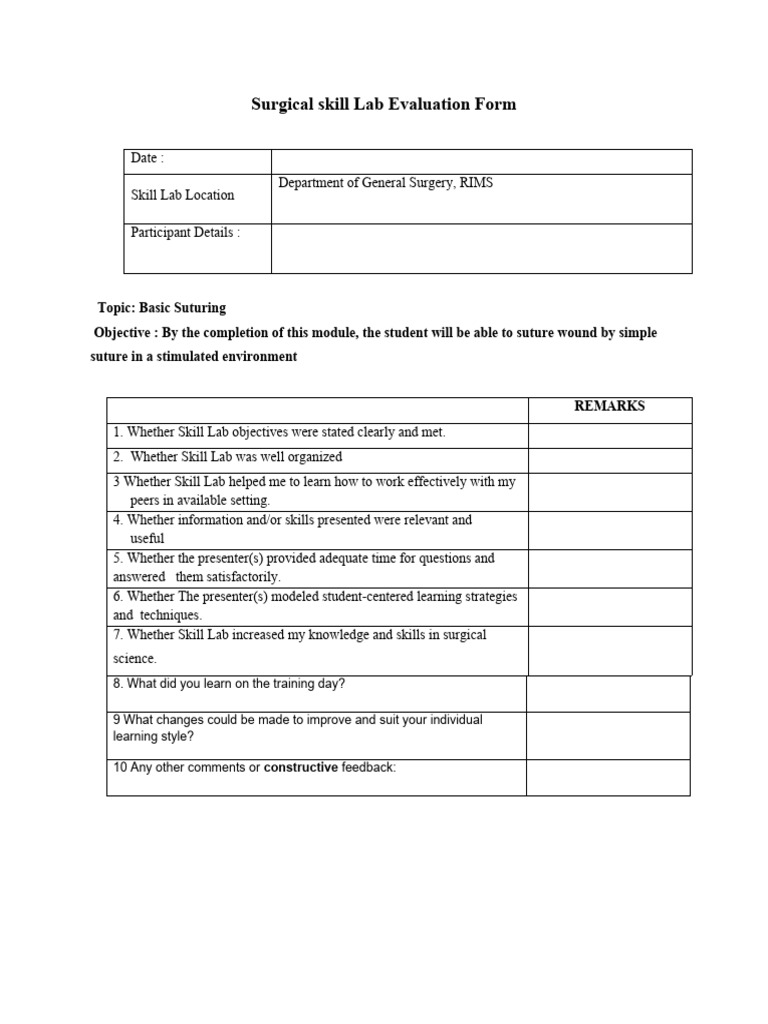 Surgical Skill Lab Evaluation Form New | PDF | Learning | Science