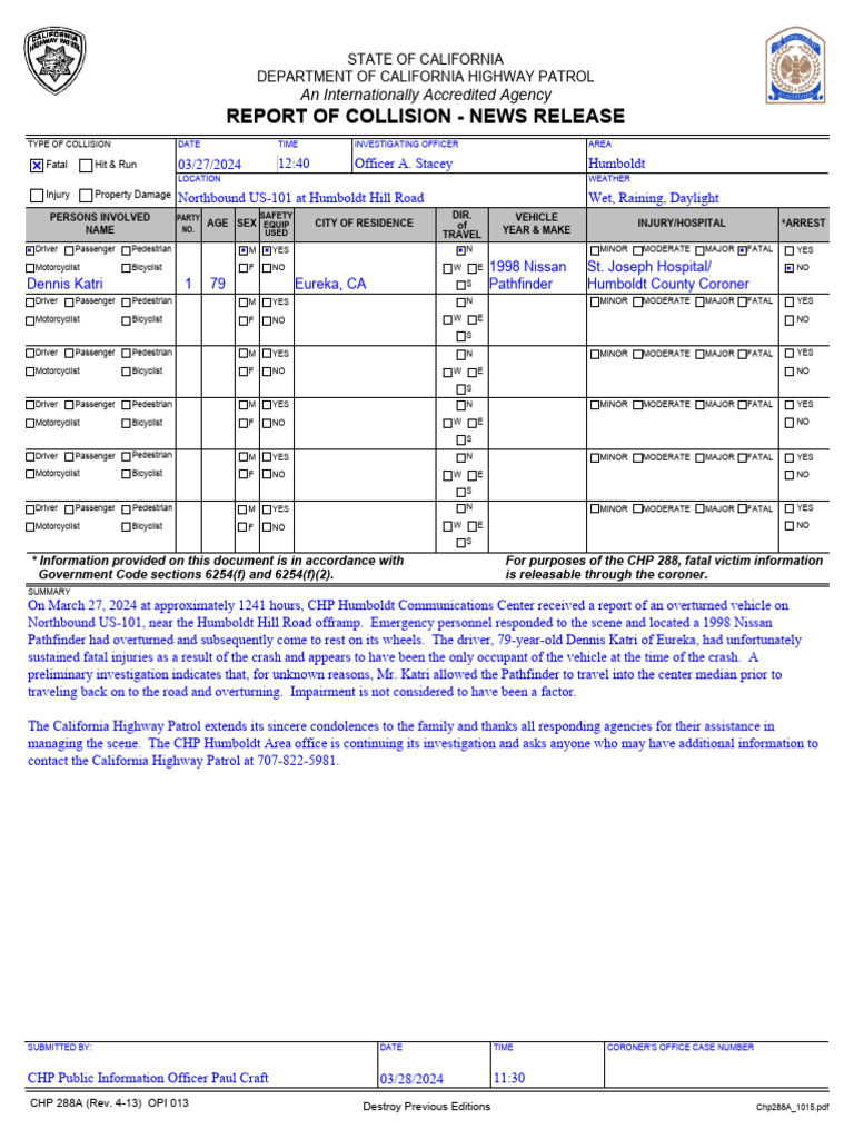 03-27-24 Fatal Crash 101 at Humboldt Hill | PDF | Traffic Collision ...