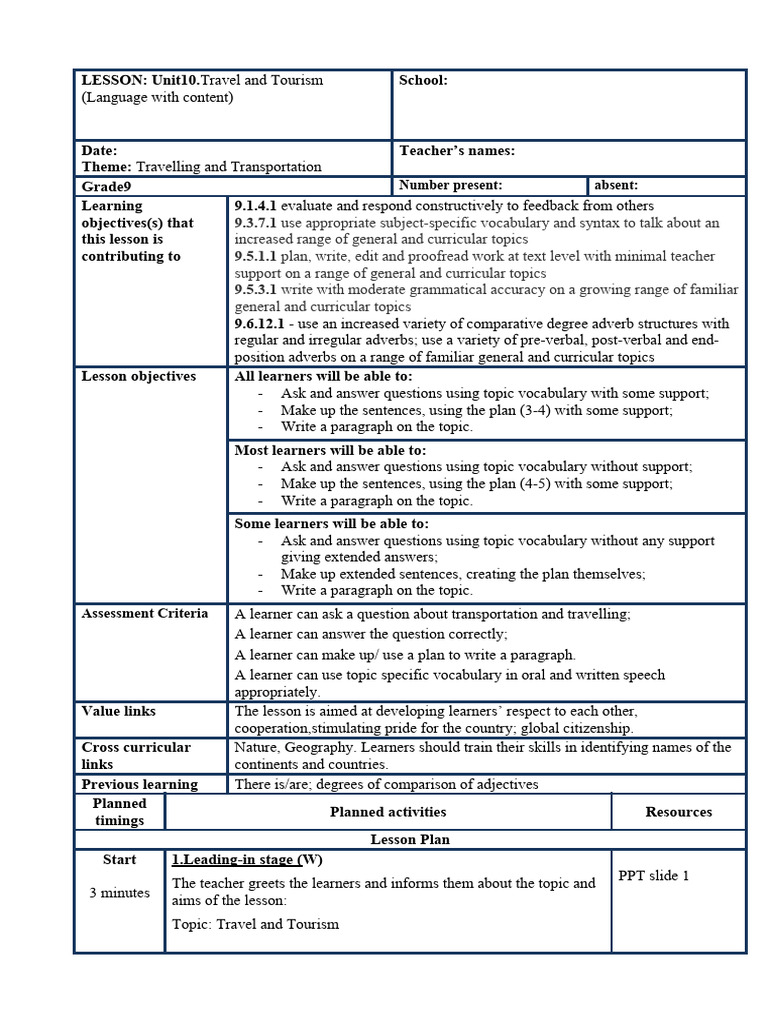 English - Grade 9 - 4A - Travel and Tourism - Lesson Plan 3 | PDF ...