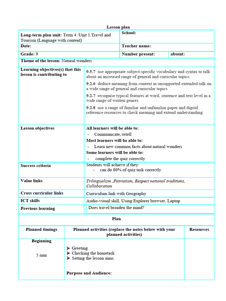 English - Grade 9 - Travel and Tourism - Lesson Plan | PDF | Learning ...