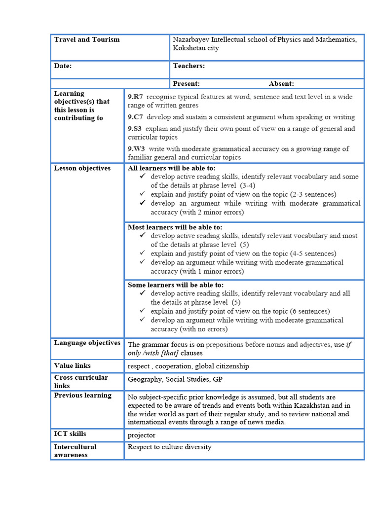 English Grade 9 4A Travel and Tourism Lesson Plan | PDF | Learning ...