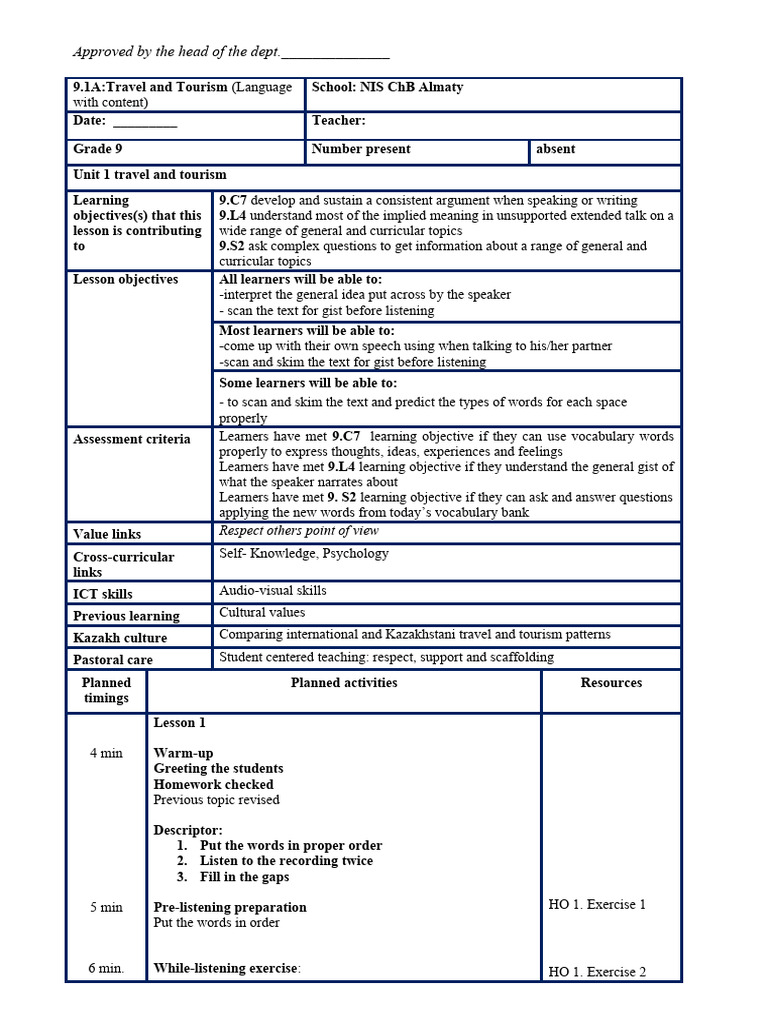 Grade 9 Travel & Tourism Lesson | PDF | Learning | Vocabulary