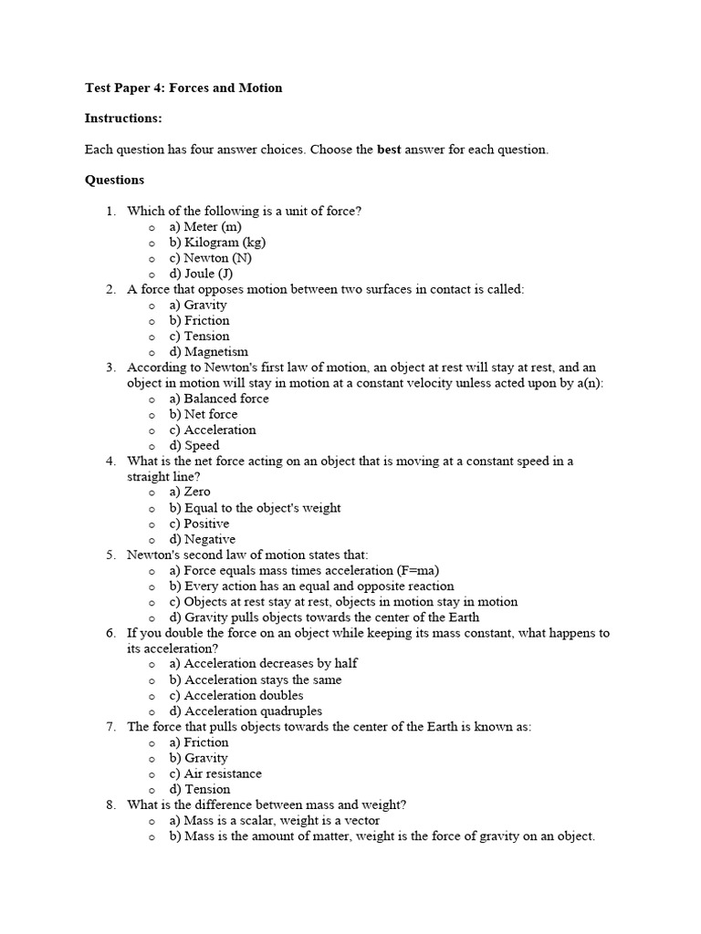 Test Paper 4 | PDF | Force | Acceleration