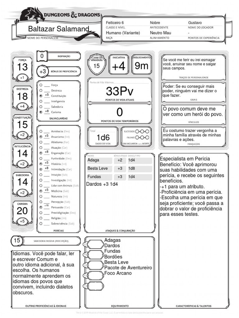 Ficha Oficial DD 5E Baltazar | PDF | Linguística