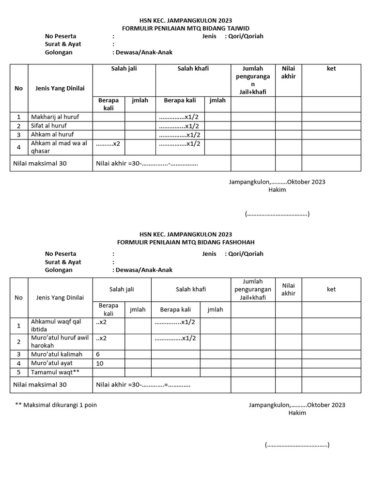 Formulir Penilaian MTQ | PDF