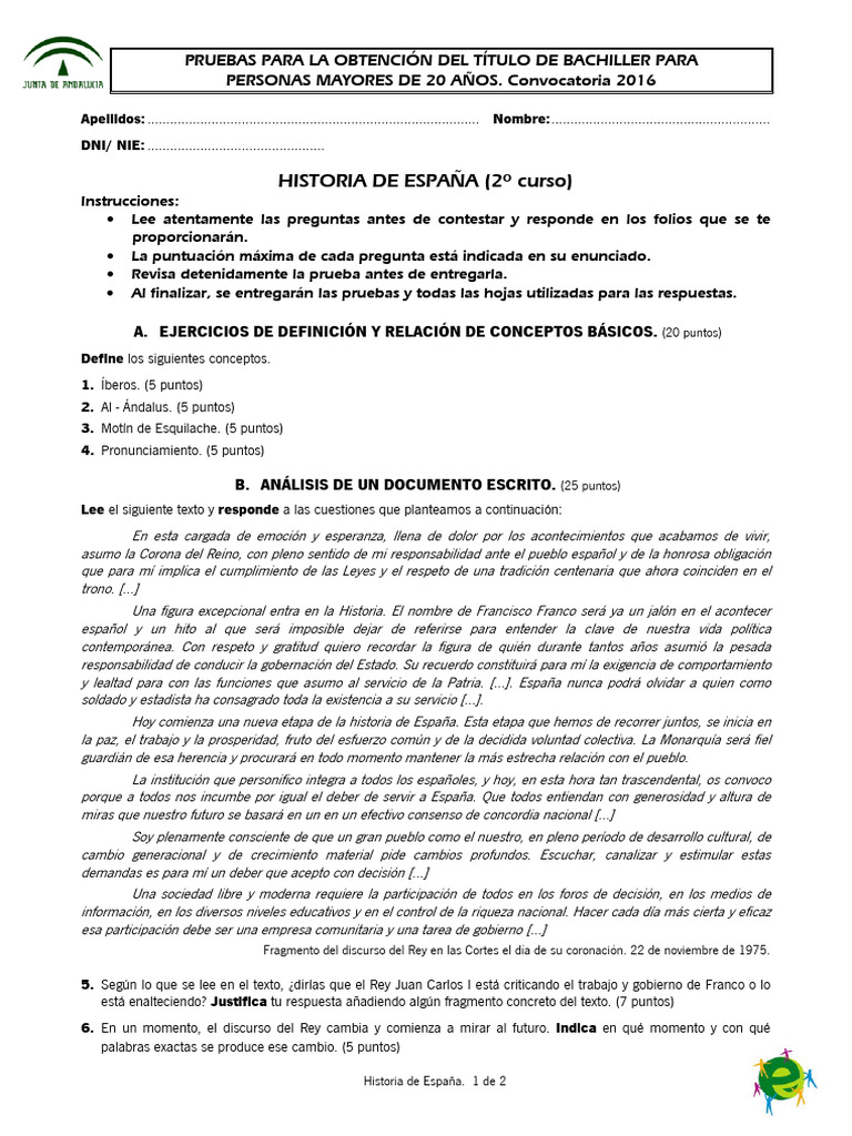 Examen Historia de España. | Descargar gratis PDF | España